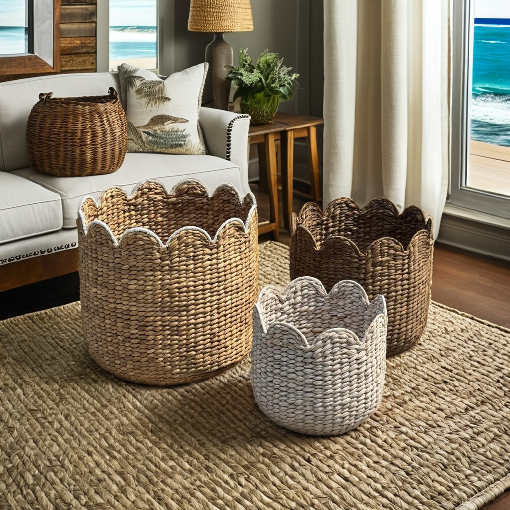 ISLA-2 Hyacinth Round Scalloped Basket (Single/ Set 3) - Orient HandiCraft